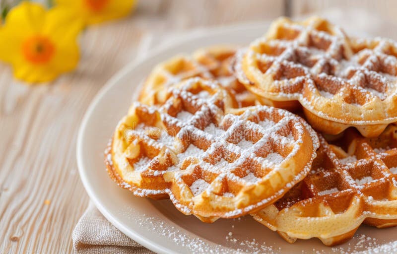 Powdered Sugar Waffles on a Plate Stock Image - Image of snack, sugar ...