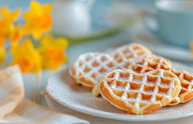 Stack Golden Waffles Dusted Sugar White Background Stock Photos - Free ...