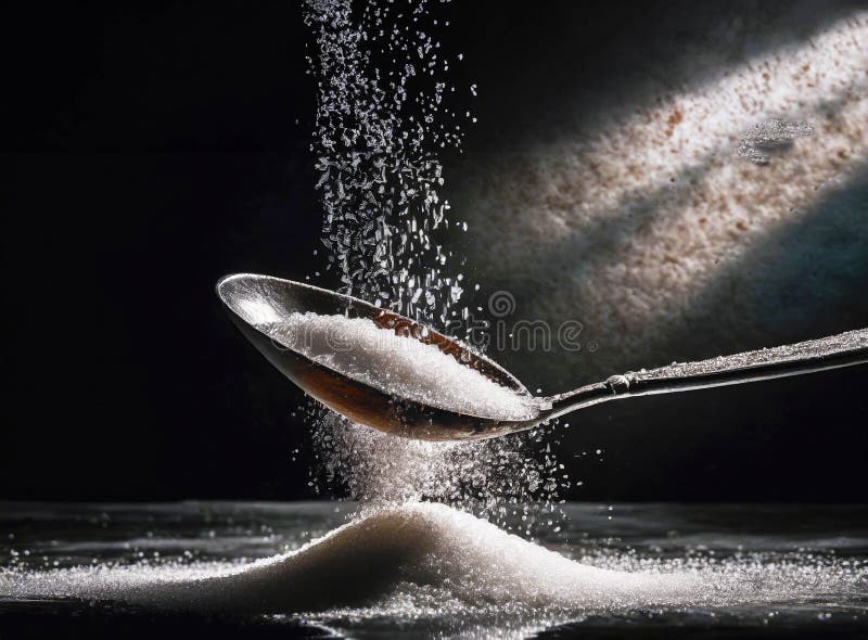 Powdered White Sugar, Falling into a Spoon, on Black Background, Stock ...
