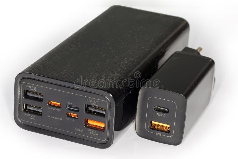 Power Bank and AC Charger Front Panels with Different Ports Stock Image ...