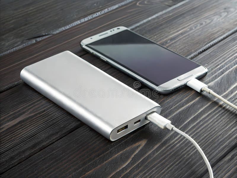 Power Bank Charging Smartphone on Wooden Table Stock Image - Image of ...