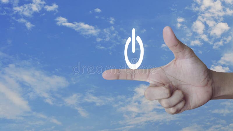 Power Button Flat Icon on Finger Over Blur Light and Shadow of Shopping ...