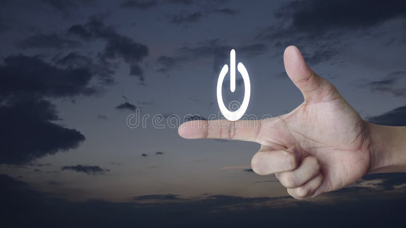 Power Button Flat Icon on Finger Over Blur Light and Shadow of Shopping ...