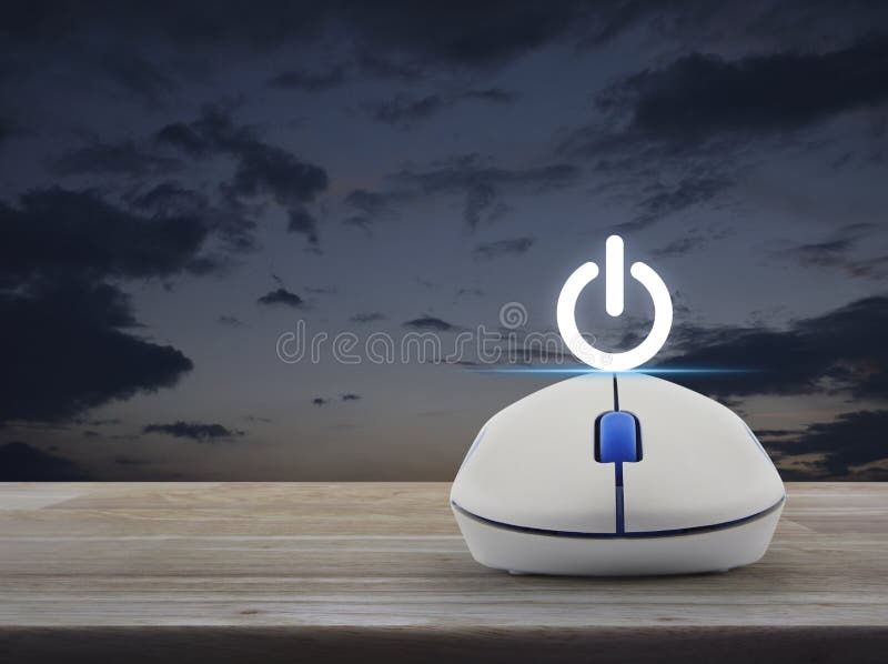 Power Button with Computer Mouse on Wooden Table Over Sunset Sky, Start ...