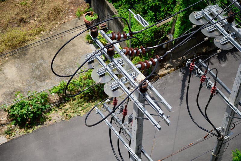 Power Cables on a Concrete Pole with Power Distribution Stock Image ...