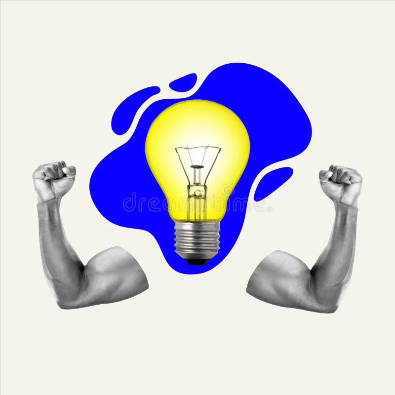 Power in Creativity. Human Hands with Muscles and Light Bulb ...