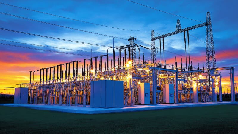 Power Distribution Center Substation Infrastructure at Sunset with ...