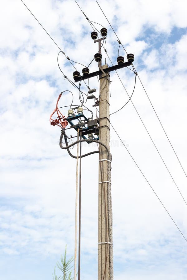 Distribution Pole with Connection To High Voltage Line Stock Photo ...
