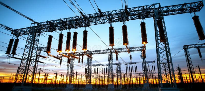 Power Distribution Grid at Sunset Transmission Towers, Switchgear, and ...