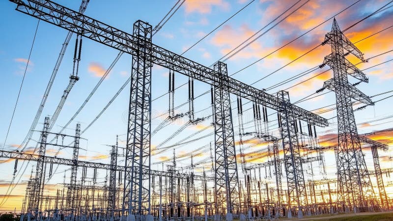 Power Distribution Network Electrical Substation at Sunset with ...