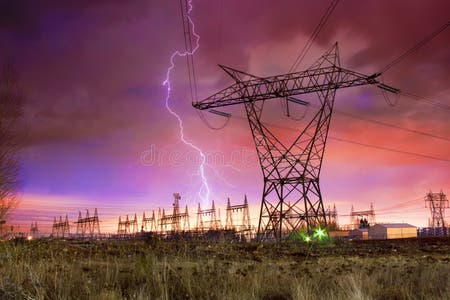 Power Distribution Station with Lightning Strike. Stock Photo - Image ...