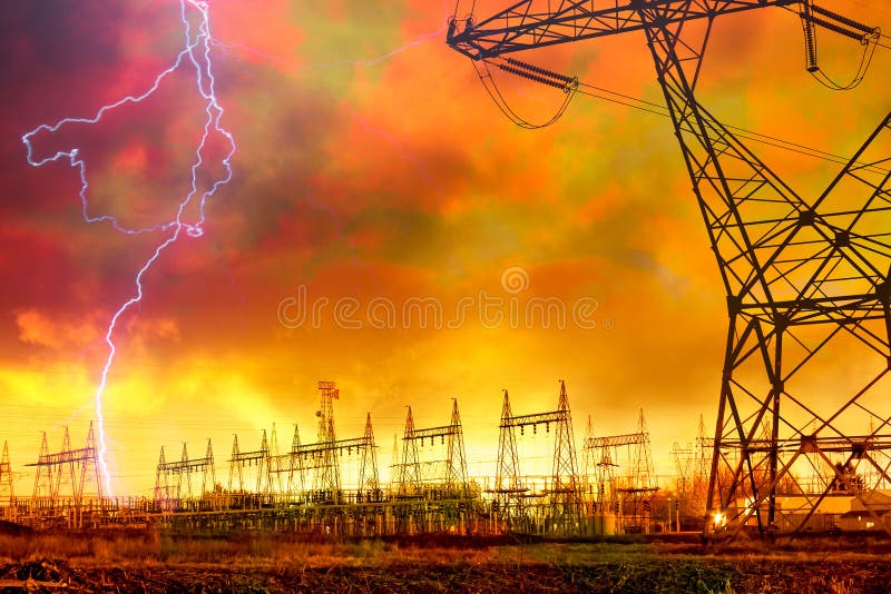 Power Distribution Station with Lightning Strike. Stock Photo - Image ...