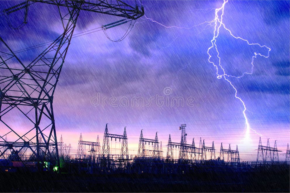Power Distribution Station with Lightning Strike. Stock Image - Image ...