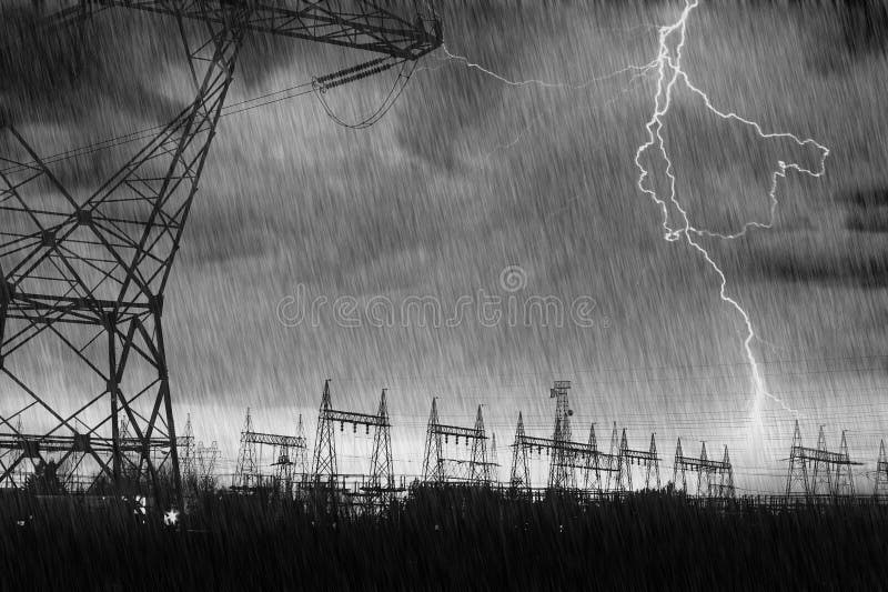 Power Distribution Station with Lightning Strike. Stock Image - Image ...