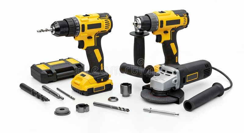 Power Drill and Angle Grinder Tool Set Displayed on White Backdrop ...