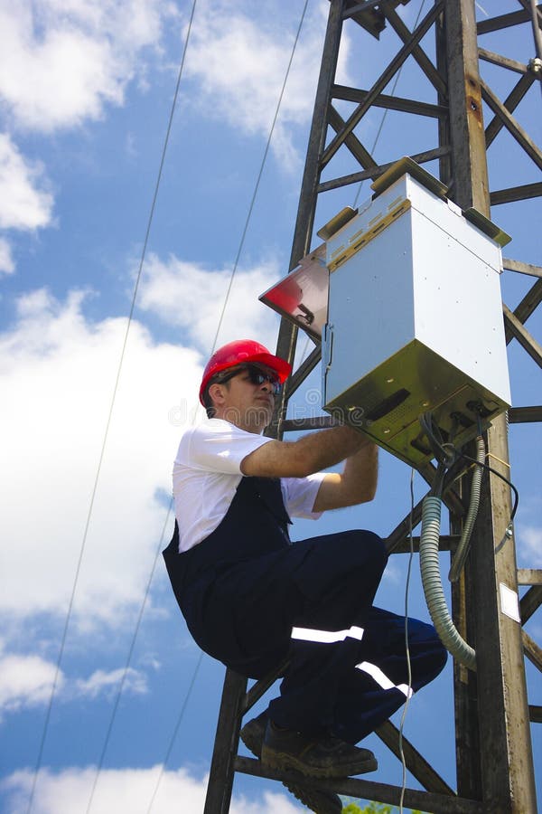 Power Electrician Lineman at Work on Pole Stock Image - Image of ...