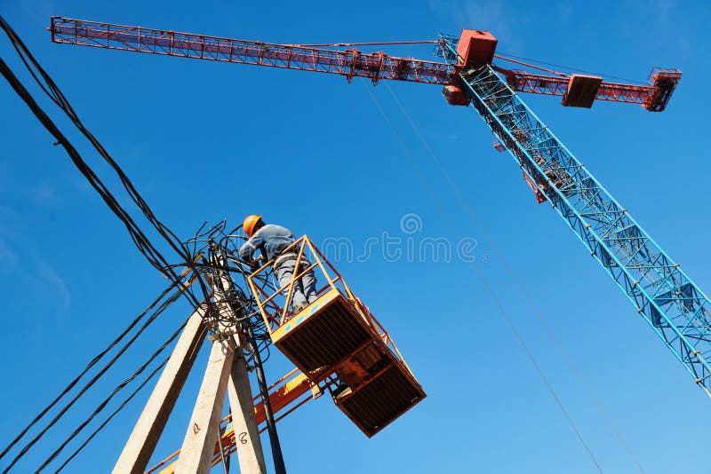 Power Electrician Lineman at Work on Pole Stock Photo - Image of people ...