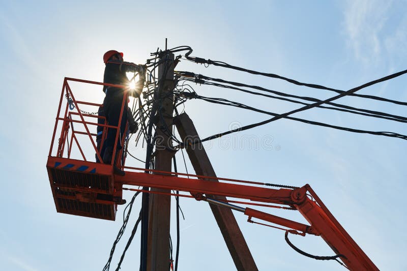 Power Electrician Lineman at Work on Pole Stock Photo - Image of labor ...
