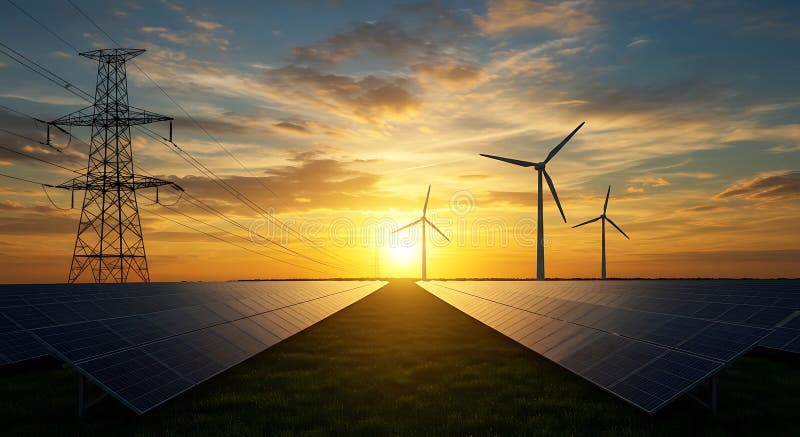 Power Generation Harmony, Solar Panels, Wind Turbines, and Electrical ...