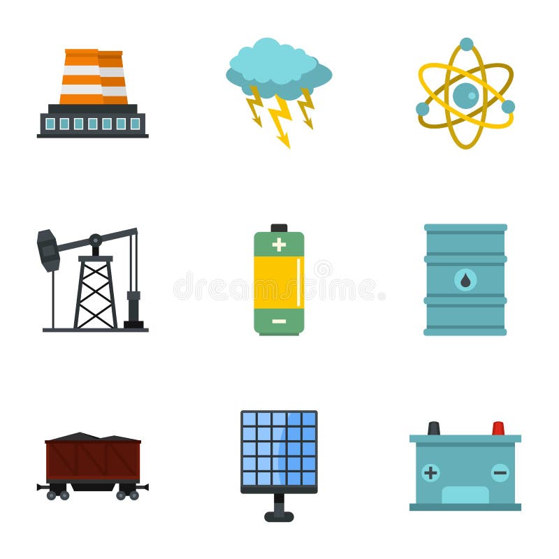 Power Generation Icon Set, Flat Style Stock Vector - Illustration of ...