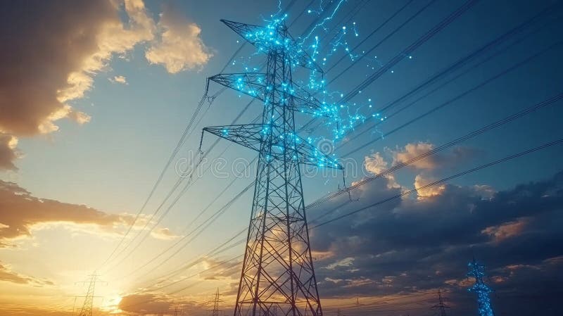 Power Grid of the Future High-Voltage Power Lines and Towers at Sunset ...