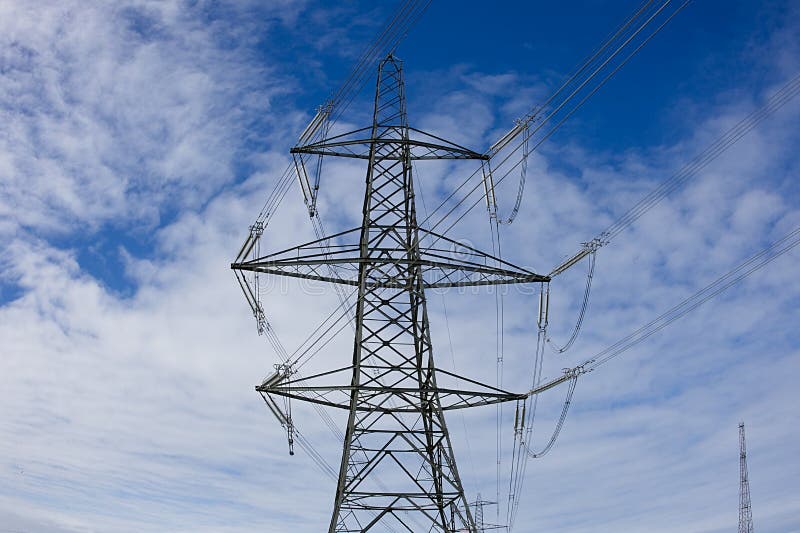 Power Grid Pylon on Blue Sky Background Stock Image - Image of blue ...