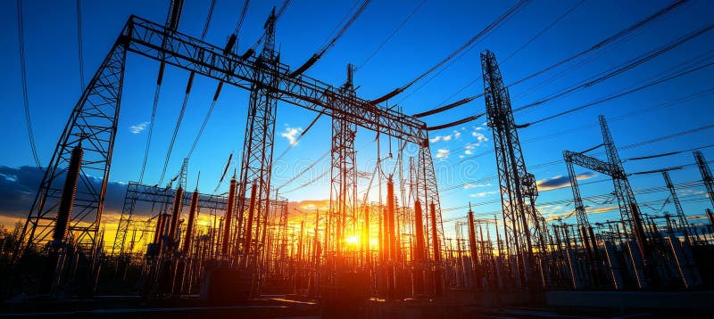 Power Grid at Sunset a Landscape of Energy with Transformers ...