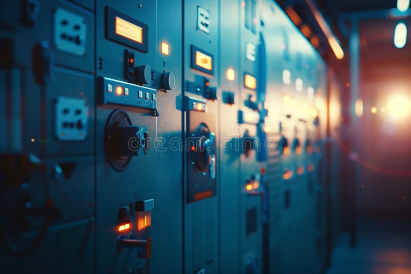 Power High Voltage Circuit Breaker in Operation Inside a Control Room ...
