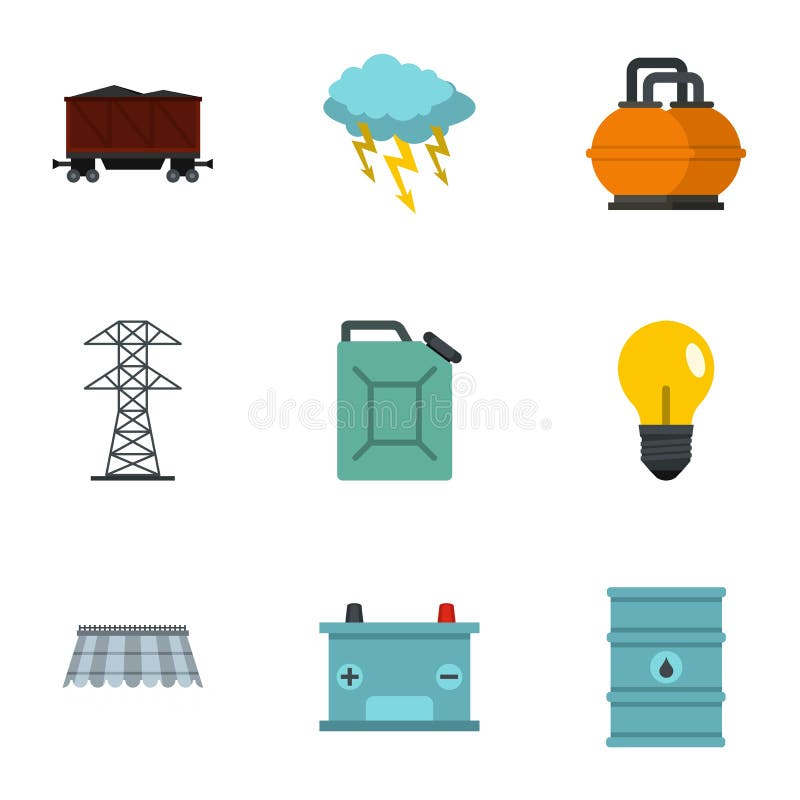 Power Industry Icon Set, Flat Style Stock Vector - Illustration of ...