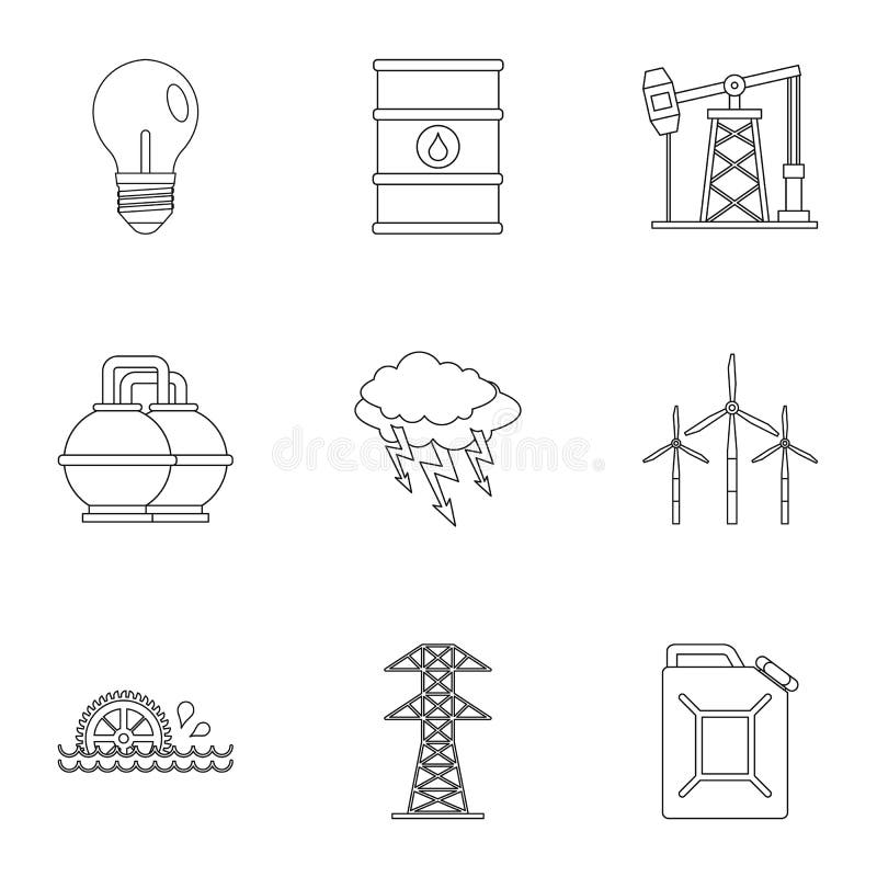 Power Industry Icon Set, Outline Style Stock Vector - Illustration of ...