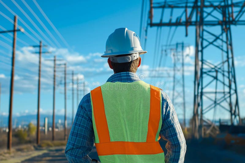 Power Industry Professional Evaluating a Power Line Project, Hardhat ...