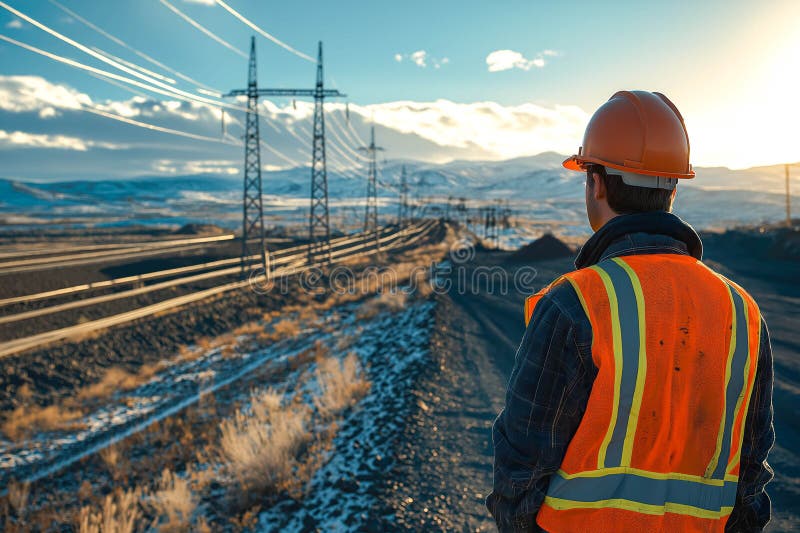 Power Industry Professional Evaluating a Power Line Project, Hardhat ...
