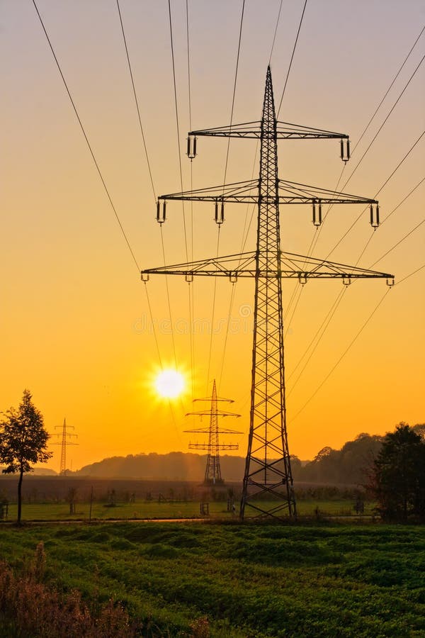 Power Line Towers at Sunset Stock Image - Image of electrical, high ...