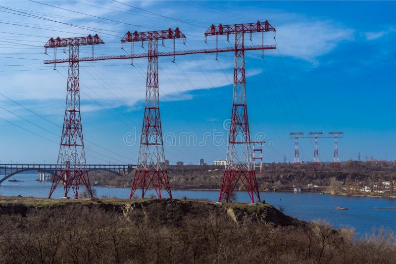 Power Line Across the River. View of the Bridge Stock Image - Image of ...