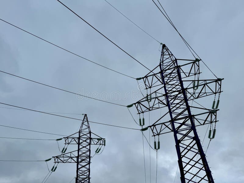 Power Line on a Blue Sky Background Stock Photo - Image of transmission ...