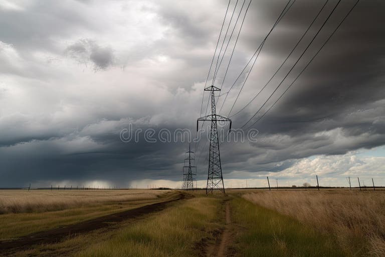Power Line Breakage with Rolling Storm Clouds in the Background Stock ...