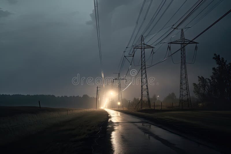 Power Line Breakage during Storm with Lightning in the Background Stock ...