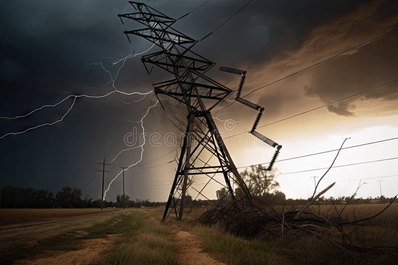 Power Line Breakage in Storm, with Lightning Striking Nearby Stock ...