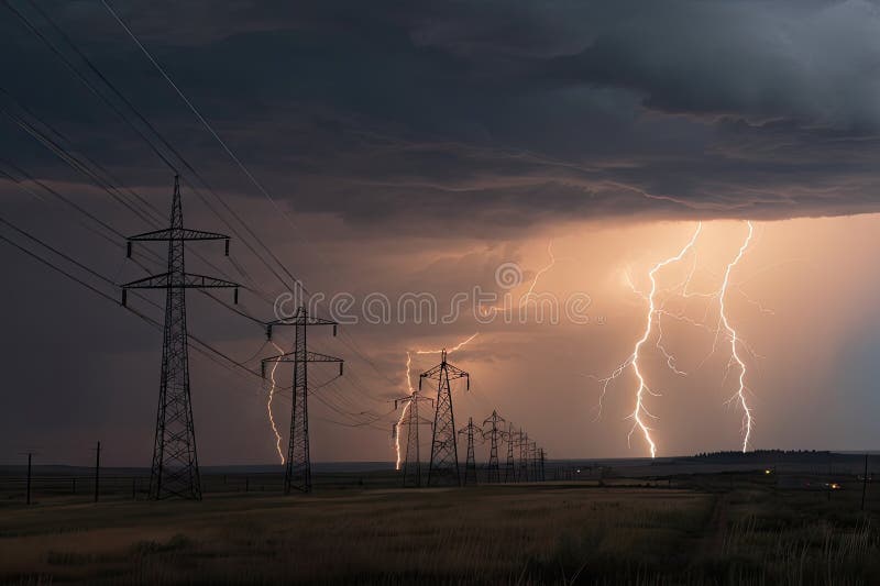 Power Line Breakage, with View of Stormy Sky and Lightning Stock ...
