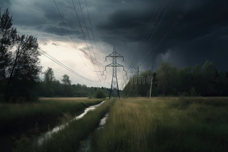 Power Line Breakage, with View of Stormy Sky and Lightning Stock ...