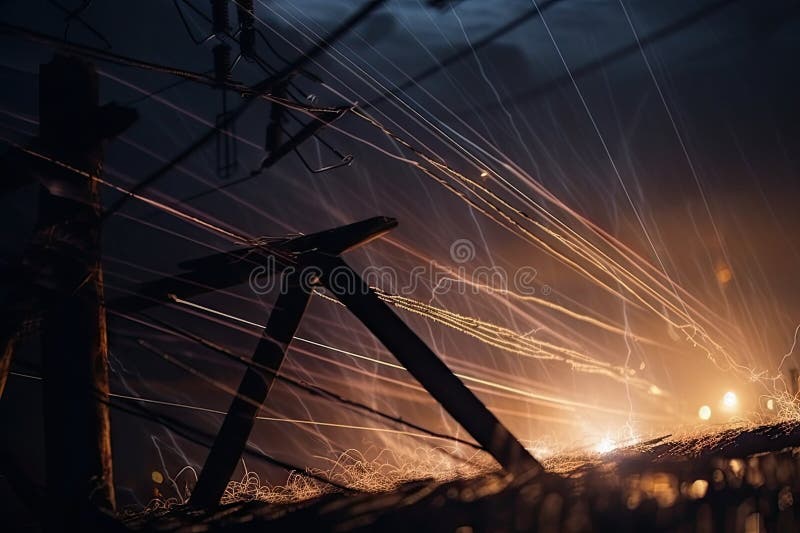 Power Line Breaks and Sparks on Metal Plate in the Night Sky Stock ...