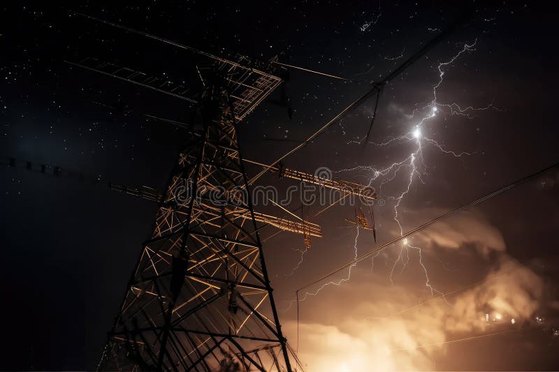 Power Line Breaks and Sparks on Metal Plate in the Night Sky Stock ...