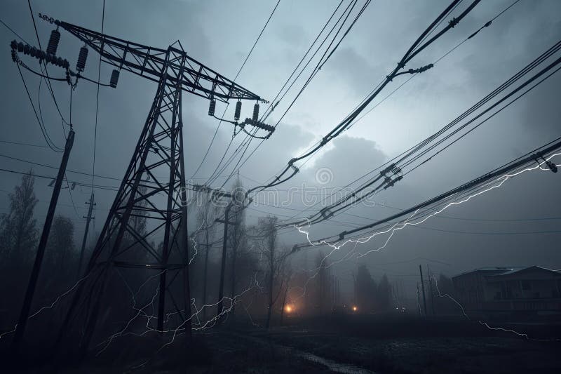 Power Line with Broken Insulators and Electrical Sparks Flying in ...