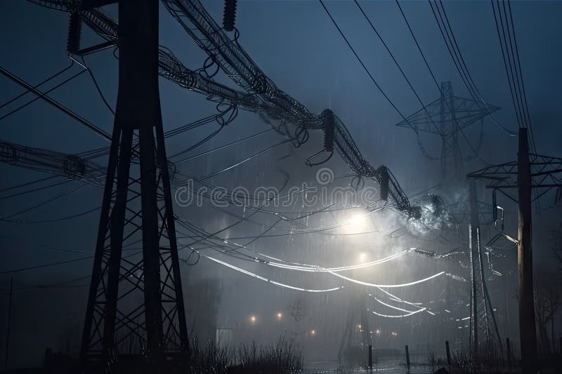 Power Line with Broken Insulators and Electrical Sparks Flying in ...