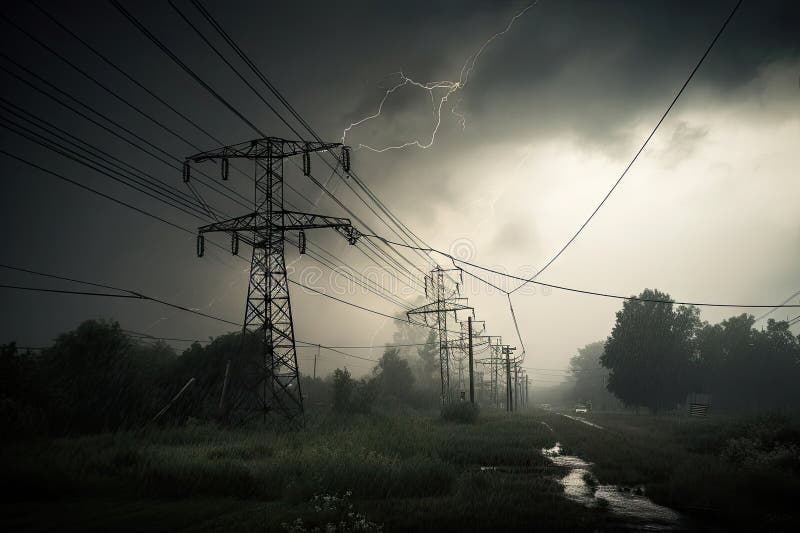 Power Line Broken in Storm, with Lightning Striking Nearby Stock ...
