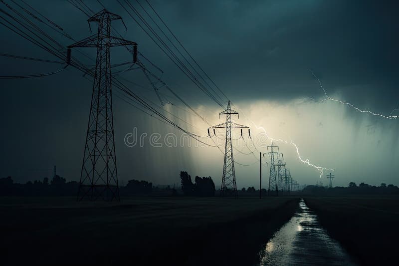 Power Line Broken in Stormy Weather, with Flashes of Lightning and ...