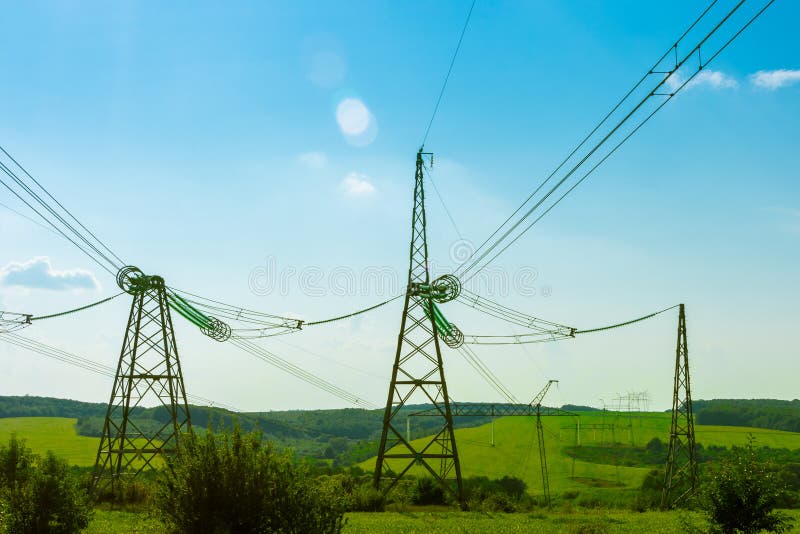 Power Line Close Up Against the Blue Sky. Power Industry Stock Photo ...