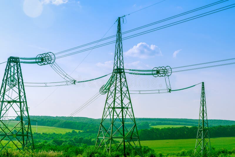 Power Line Close Up Against the Blue Sky. Power Industry Stock Photo ...