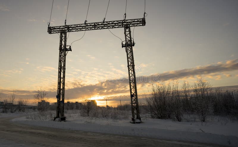 Power Line in Evening Outside the City. Stock Photo - Image of ...