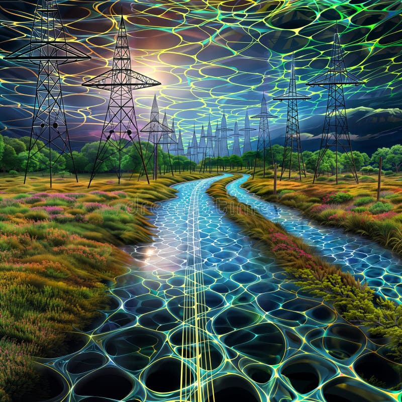 Power Line in the Field at Sunset. 3d Rendering. Computer Digital ...